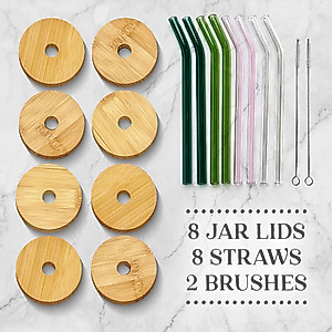 8 Piece Mason Jar lids with straw hole, Bamboo Mason Jar Lids, Bamboo Lids for Beer Can Glass, Mason Jar Drinking Lids With 8 Pcs Bent Glass Straws and 2 Cleaning Brushes, Wooden Mason Jar Lids