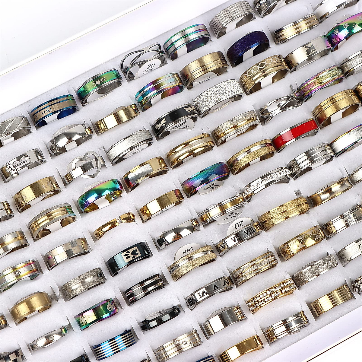 juanmaojuan 50Pcs/Lot Fashion Stainless Steel Heart Rhinestone Band Rings For Women Men Mix Style Party Jewelry Wholesale (Mix Size 7-12)