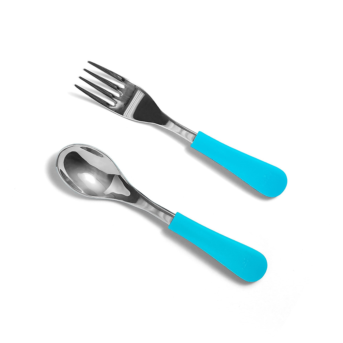 Avanchy Baby Spoons and Forks Stainless Steel and Silicone Set, Self Feeding Food Utensils, 4 Months Baby Led Weaning, 2 Pack, Blue Spoon, Fork