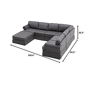 Evedy Modern Upholstered Fabric Modular Sectional Sofa, L-Shaped Couch with Removable Ottoman for Living Room, Bedroom or Office, Dark Gray c