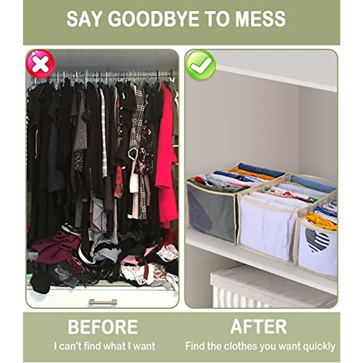 Wardrobe Clothes Organizer, 7 Grids Drawer Organizers for Clothing, Bedroom clothes organizer for folded clothes, Closet Organizers and Storage Baskets for Pants,T-Shirts, Jeans (5 Pack 2M+3L)