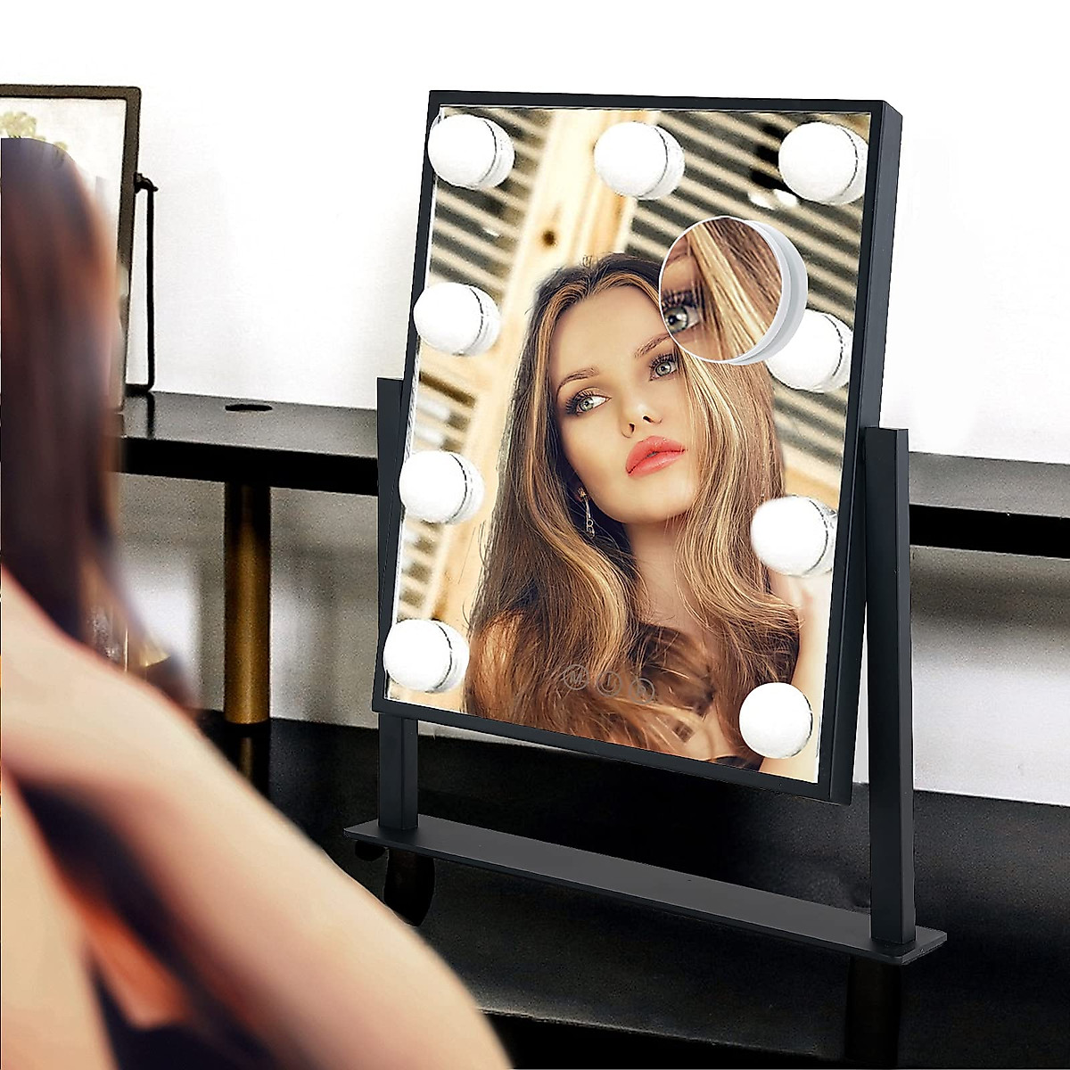 BWLLNI Lighted Makeup Mirror Hollywood Mirror Vanity Mirror with Lights, Touch Control Design 3 Colors Dimable LED Bulbs, Detachable 10X Magnification, 360°Rotation, Black.