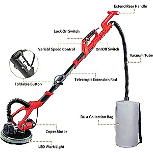 POWERMAVERICK Electric Drywall Sander,750W Drywall Sander with Vacuum,Foldable Wall Ceiling Sander with Extendable Handle,6 Variable Speed 1000-1850 RPM,Double-Deck LED Light,12 Sanding Papers