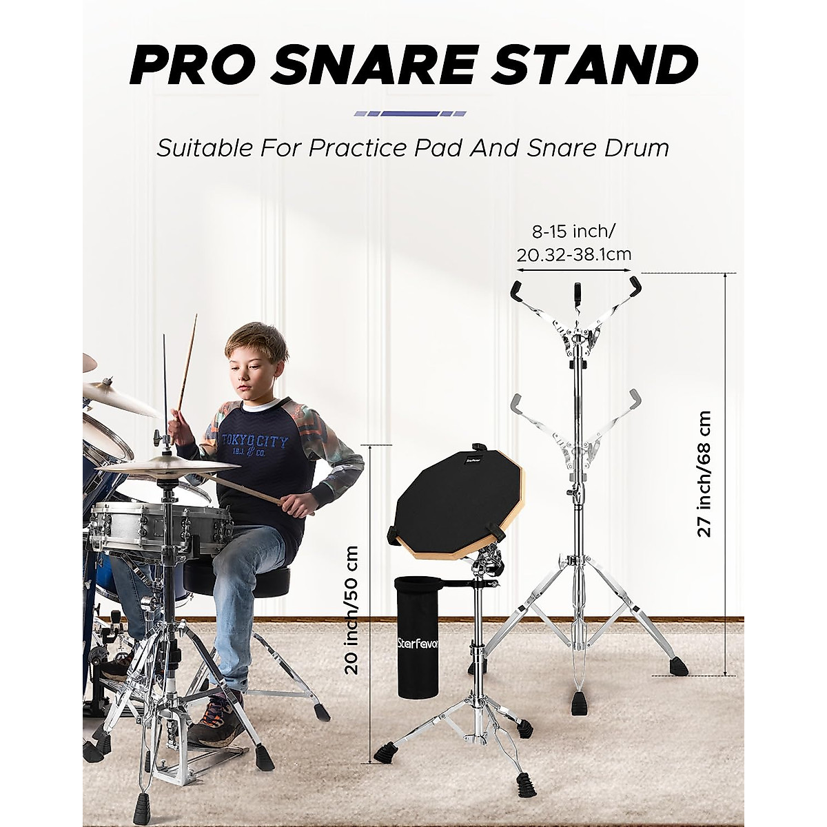 Starfavor Drum Practice Pad with Snare Drum Stand Set, 12-Inch Double Sided Silent Practice Pad Kit with Drum Sticks, Drumstick Holder, Luminous Carrying Bag, Black (Fits 8''-15'' Drums)