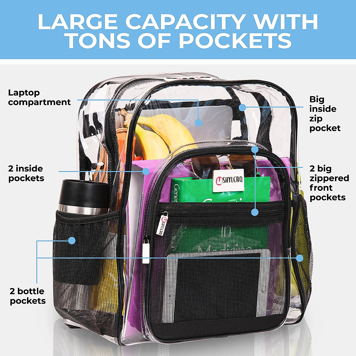 SHYLERO Clear Backpack For Work XL - Heavy Duty School Bookbag has TSA Lock, 2-WAY Zip, Transparent PVC - H18''xW14''xD8