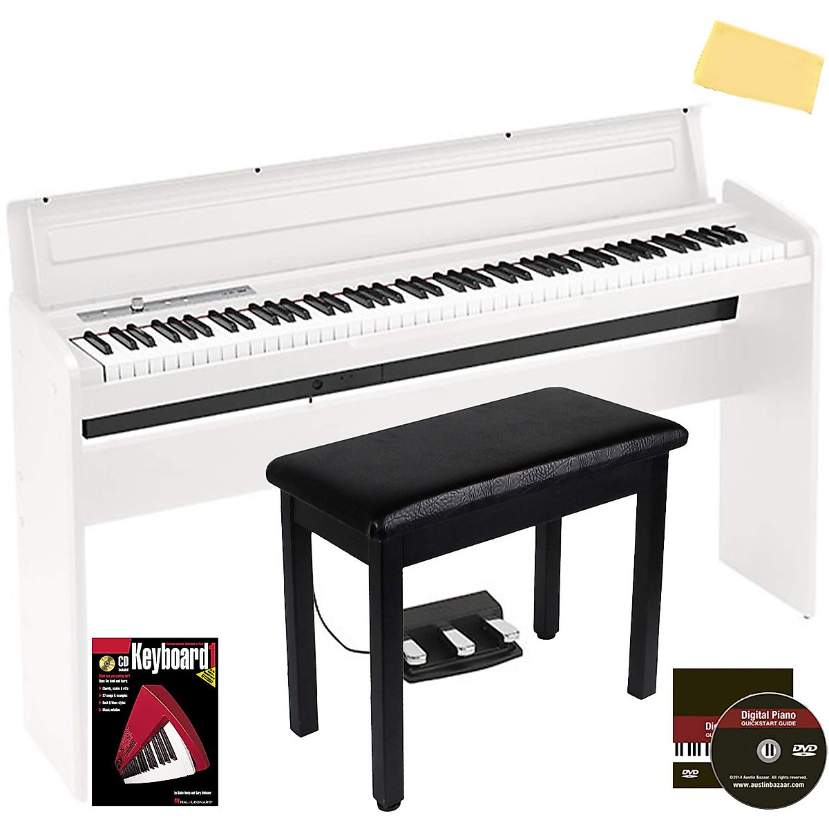 Korg LP-180 Digital Piano - White Bundle with Furniture Bench, Instructional Book, Austin Bazaar Instructional DVD, and Polishing Cloth
