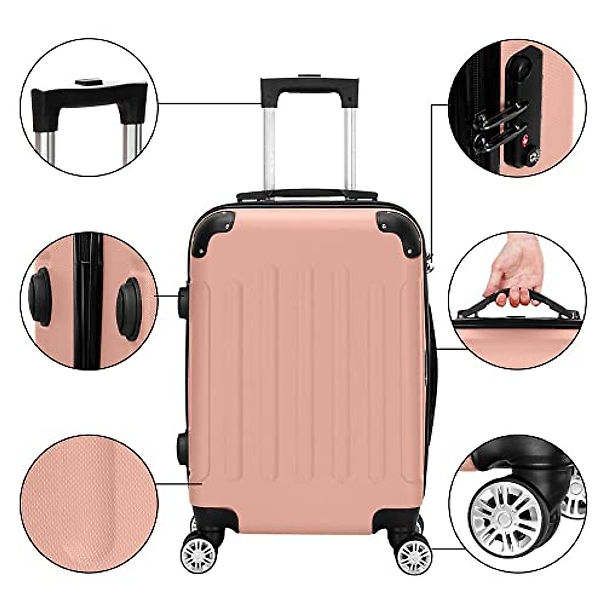 Outvita Hardside Luggage Set 3 Piece Carry on Suitcase with TSA Lock & Spinner Wheels, Lightweight Portable Travel Rolling Luggage, Rose Gold