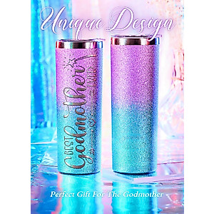 Onebttl Godmother Gifts, Mothers Day Gifts for Godmother, 20 oz Skinny Stainless Steel Tumbler Travel Mug for Best Friend, Aunt, Sister, Best Godmother Ever Glitter Blue Purple
