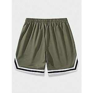 SHENHE Men's Letter Print Drawstring Waist Striped Trim Workout Gym Track Shorts Army Green L