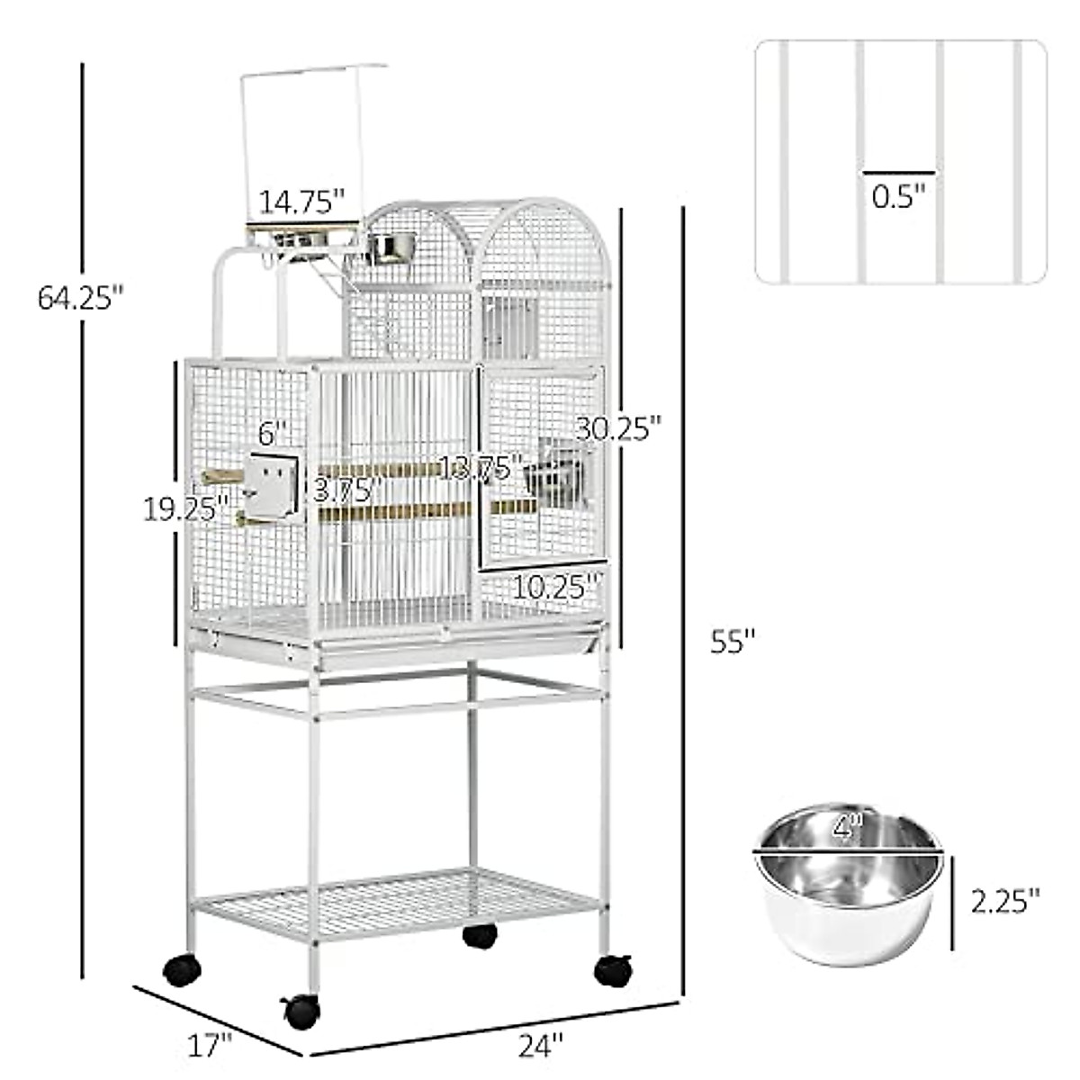 PawHut 55" Large Parrot Cage with Toy Hooks Above Top Bird Perch, Tray, Food Cups, Rolling Stand, Bird Cage for Cockatiels, Parakeets, Lovebirds