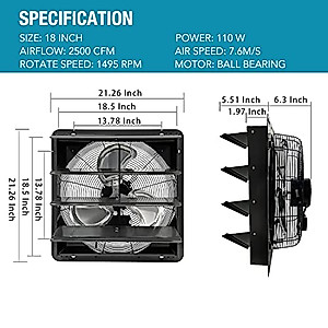 VENTISOL 18 Inch Shutter Exhaust Fan Wall Mounted, Aluminum with 1.65 Meters Power Cord Kit,High Speed 2500CFM, Ventilation Fan for Garage,Greenhouse,Attic,Shed,Shop,Black