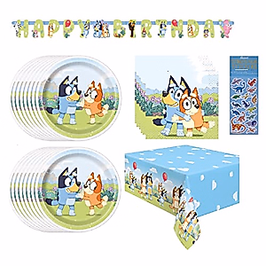 Unique Bluey Birthday Party Supplies Bundle includes Dessert Cake Plates, Napkins, Table Cover, Happy Birthday Banner (Bundle for 16)