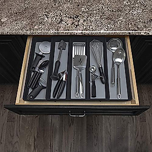 ELTOW Expandable Utensil Drawer Organizer, 5 Compartment Non-Slip & Adjustable Utensil Tray for Kitchen Drawers, Kitchen Organization for Utensils, Office Supplies, Flatware Storage - Black