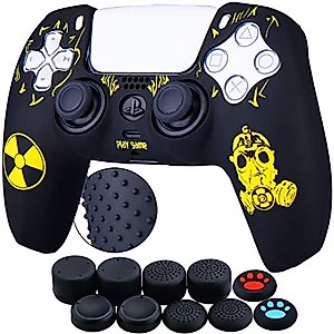 YoRHa Silicone Rubber Back Dots Carving Customizing Skin Cover for PS5 Controller x 1(Radiation Yellow) with Pro Thumb Grips x 10