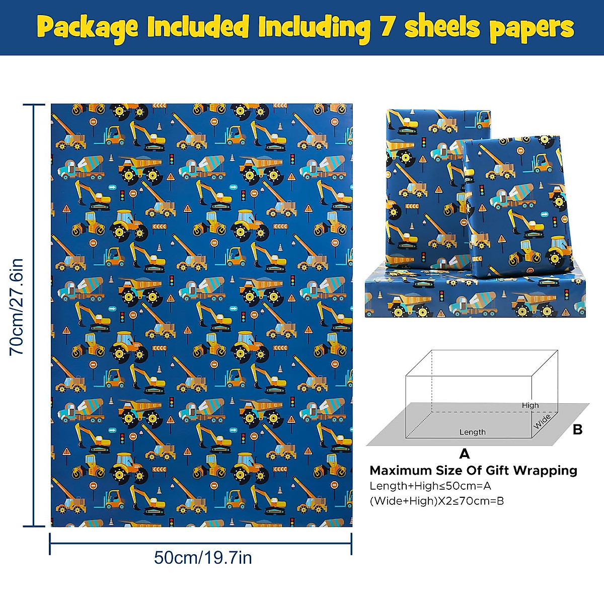 Road Under Construction Excavator Tractor Dump Truck Wrapping Paper for Kids Boys, Birthday Wrapping Paper Construction Design 7 Sheets Folded Flat 20x28 inches per Sheet for Birthday Baby Showers