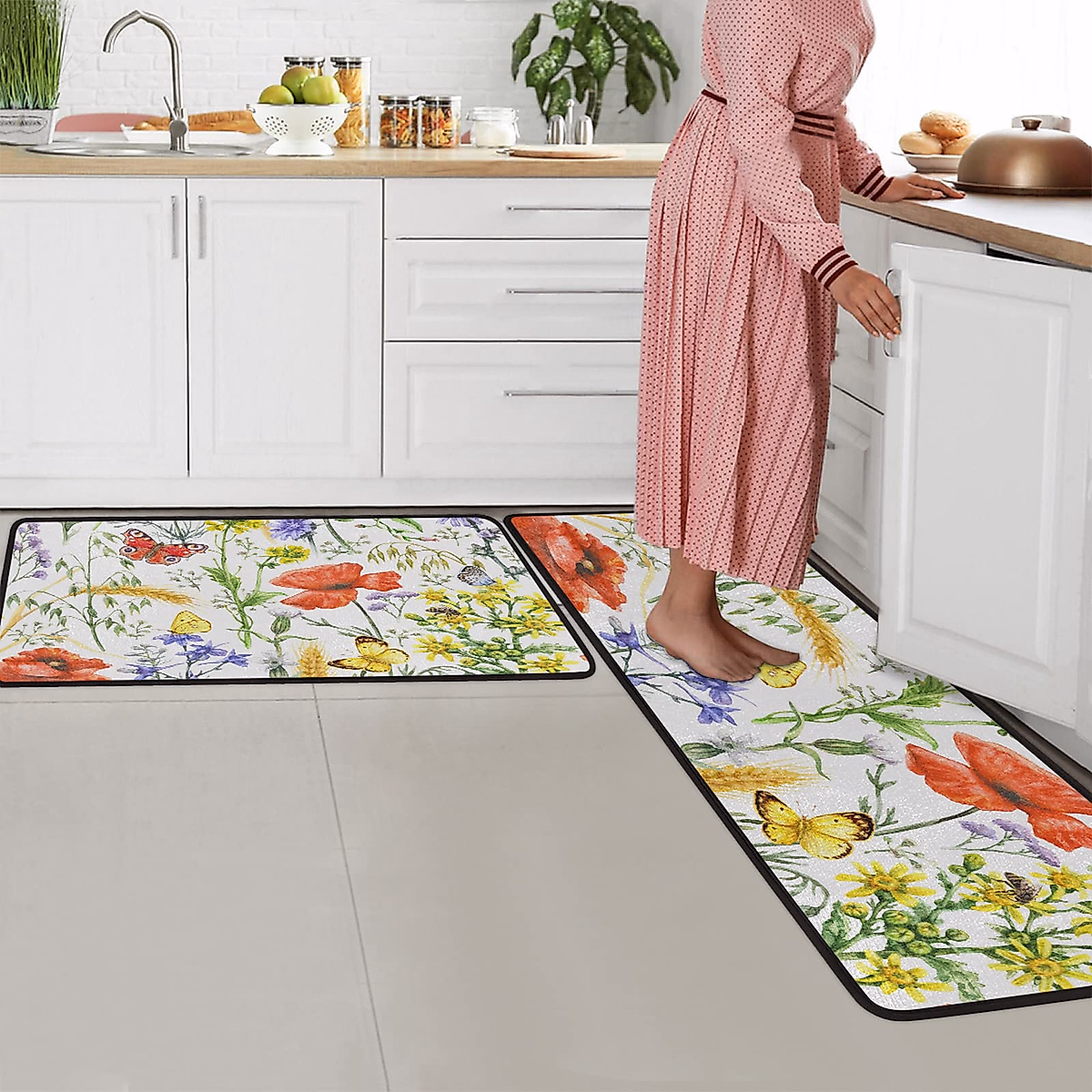 AUUXVA Spring Poppy Flower Butterfly Kitchen Mats Cushioned Anti Fatigue 2 pcs Set, Memory Foam Kitchen Rugs, Non Slip Washable Area Rug for Floor Sweet Home Decor, 17"x29"+17"x47"