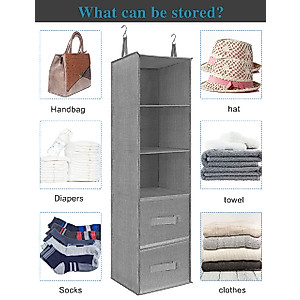 8-Shelf Hanging Closet Organizer with 2 Drawers, 3-Shelf and 5-Shelf Separable Closet Hanging Organizer,Fabric Cloth Hanging Shelf with 2 Sturdy Hooks for Home Clothes Toy Storage, Gray