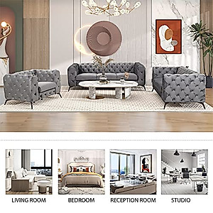 i-POOK 85.5" Chesterfield Sofa, Velvet Upholstered Sofa with Button Tufted Back and Sturdy Metal Legs, Modern Sofa Couch 3 Seater Sofa for Living Room Apartment Home Office, Gray