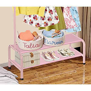 Kids Clothing Rack - Kids Dress Up Clothes Storage Racks - Dress Up Rack for Little Girls - Small Kids Costume Wardrobe Rack with 2 Fabric Floors Storage Shelf - Mini Short Kids Clothing Garment Rack