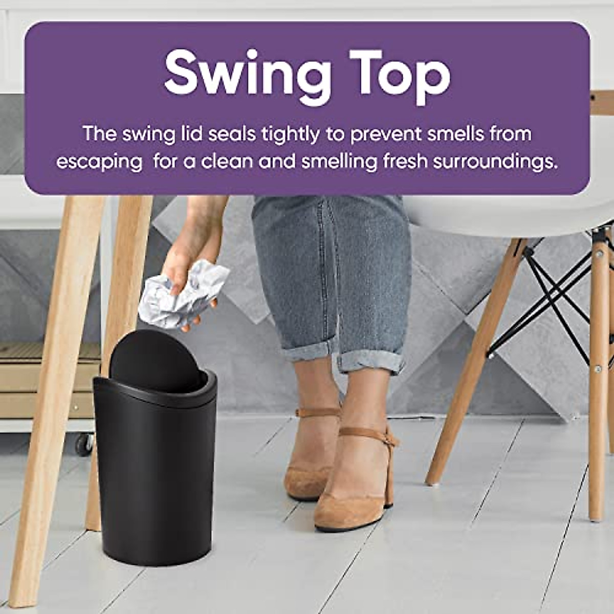 Superio Small Plastic Bathroom Trash Can with Lid 6 Liter, Black Mini Waste Bin 0.75 Gallon, Modern Flat Lid Step On Trash Can with Foot Pedal, Bathroom, Bedroom, Office, Under Desk, Soft Close