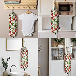 Strawberry Leaves Plastic Bag Holder, Strawberry Flowers Wall Mount Plastic Bag Organizer with Drawstring Grocery Shopping Bags Storage Dispenser for Home Kitchen Farmhouse Decor, 22X9 Inch