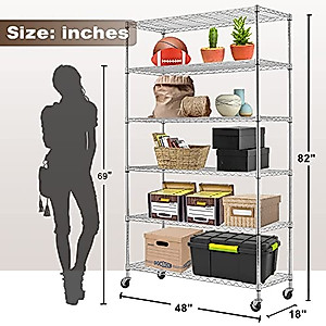 6-Tier Storage Shelf, Wire Shelving Unit NSF Certified Storage Rack 48" W x 18" D x 82" H 2100Lbs Capacity Adjustable Layer Heavy Duty Metal Rack Steel with Casters for Kitchen Garage Pantry Chrome