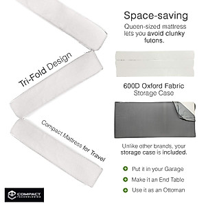 CT Compact Technologies Portable Mattress - 60 x 80 x 6 inches - Folding Memory Foam Guest Fold Up Bed w/Case | Tri-Fold Travel Away Floor, Futon & Camp Cot Topper for Fast Trifold Foldable (Queen)