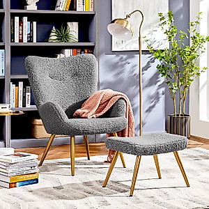 Yaheetech Accent Chair and Ottoman Set, Sherpa Armchair with Golden Metal Legs and High Back, Footstool for Living Room, Lounge, Gray