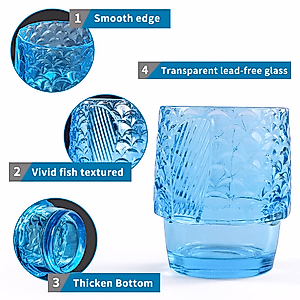 MDLUU Fish Design Tumbler Glasses, Stackable Drinking Glasses, Colored Glass Beverage Cups, Nautical Glassware for Gift, Set of 4 (Blue)