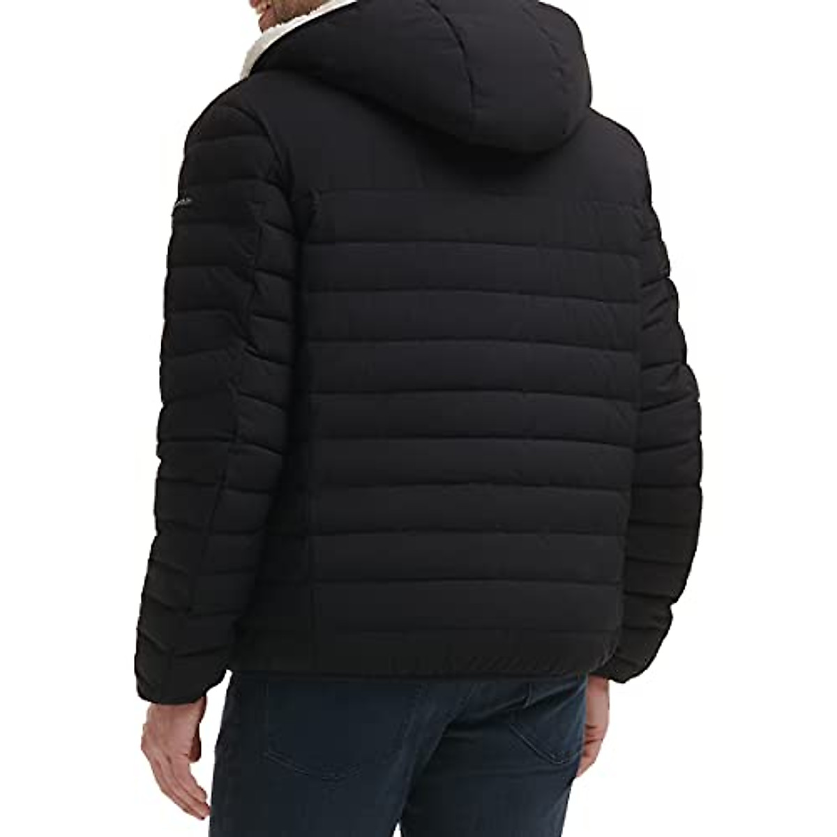 Calvin Klein Men's Hooded Down Jacket Quilted Coat Sherpa Lined, Black Stretch, Medium