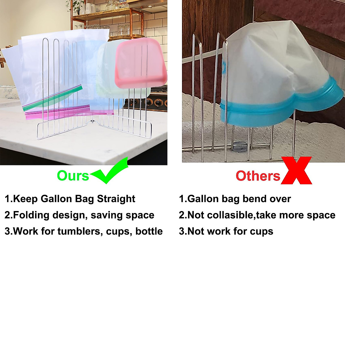 LEKUSHA Reusable Bag Drying Rack, Foldable Freezer Bag Dryer, SUS304 Stainless Steel Drying Stand for Gallon, Quart, Sandwich, Snack Bag, Plastic Silicone Storage Bag