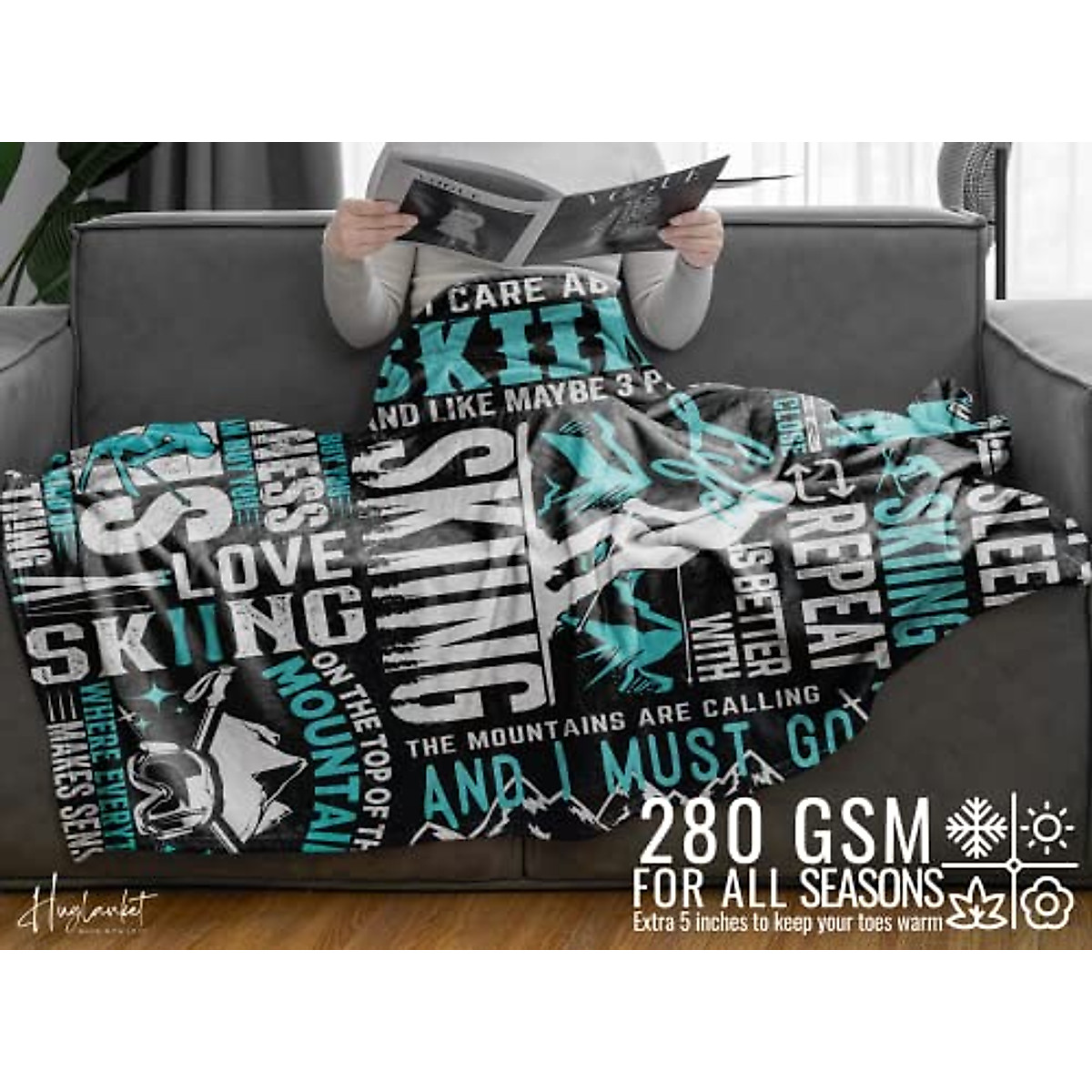 Huglanket Ski Blanket, Best Gifts for Skiers Unique Ski Design, Throw Blanket Gifts for The Coolest Skier, Flannel Plush Blankets - Quotes About Ski - 50"x 65"