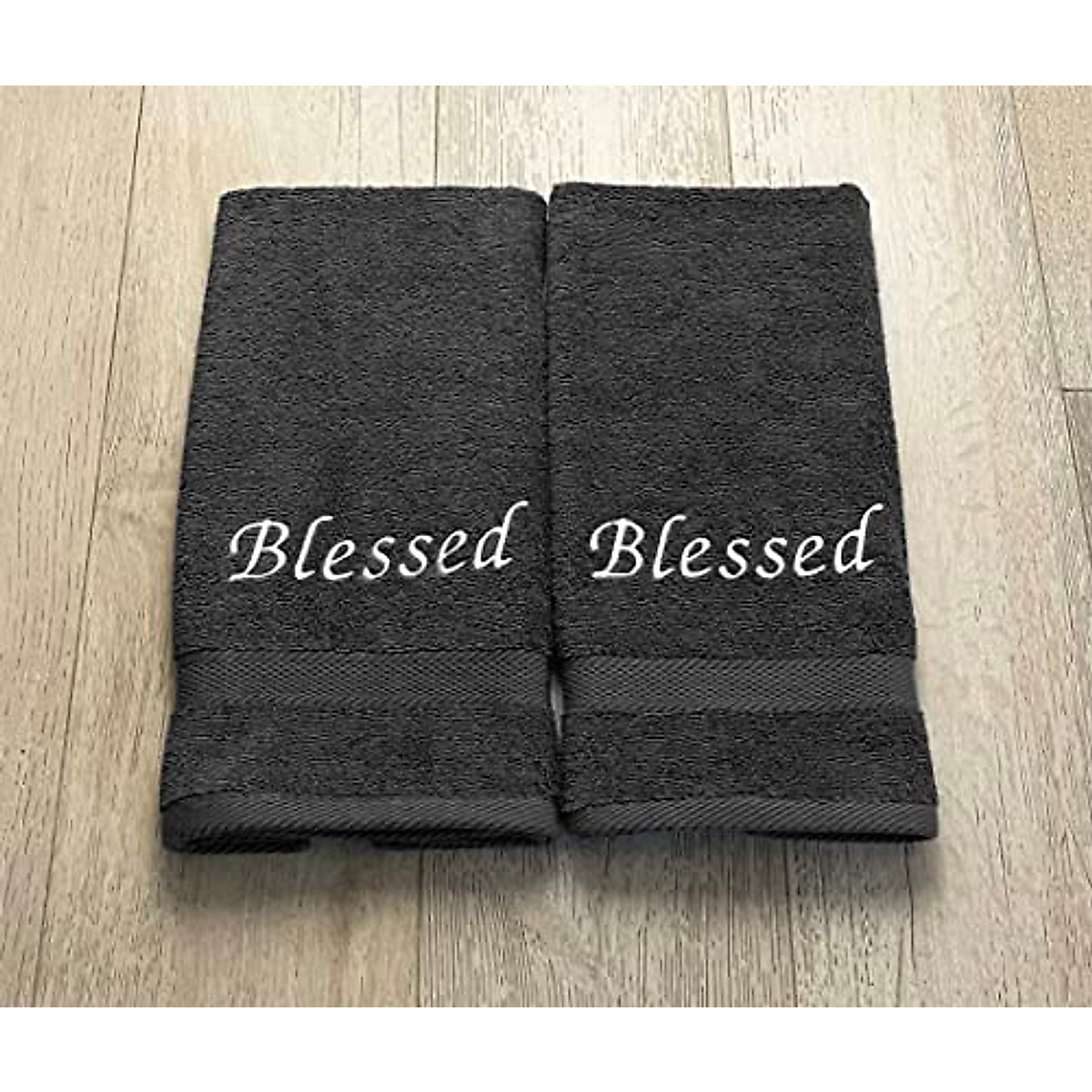 Liberty21 Embroidered Hand Towels with Inspirational Message: Blessed (1 Set of 2 Hand Towels) for Bathroom, Kitchen or Spa. (Dark Grey)