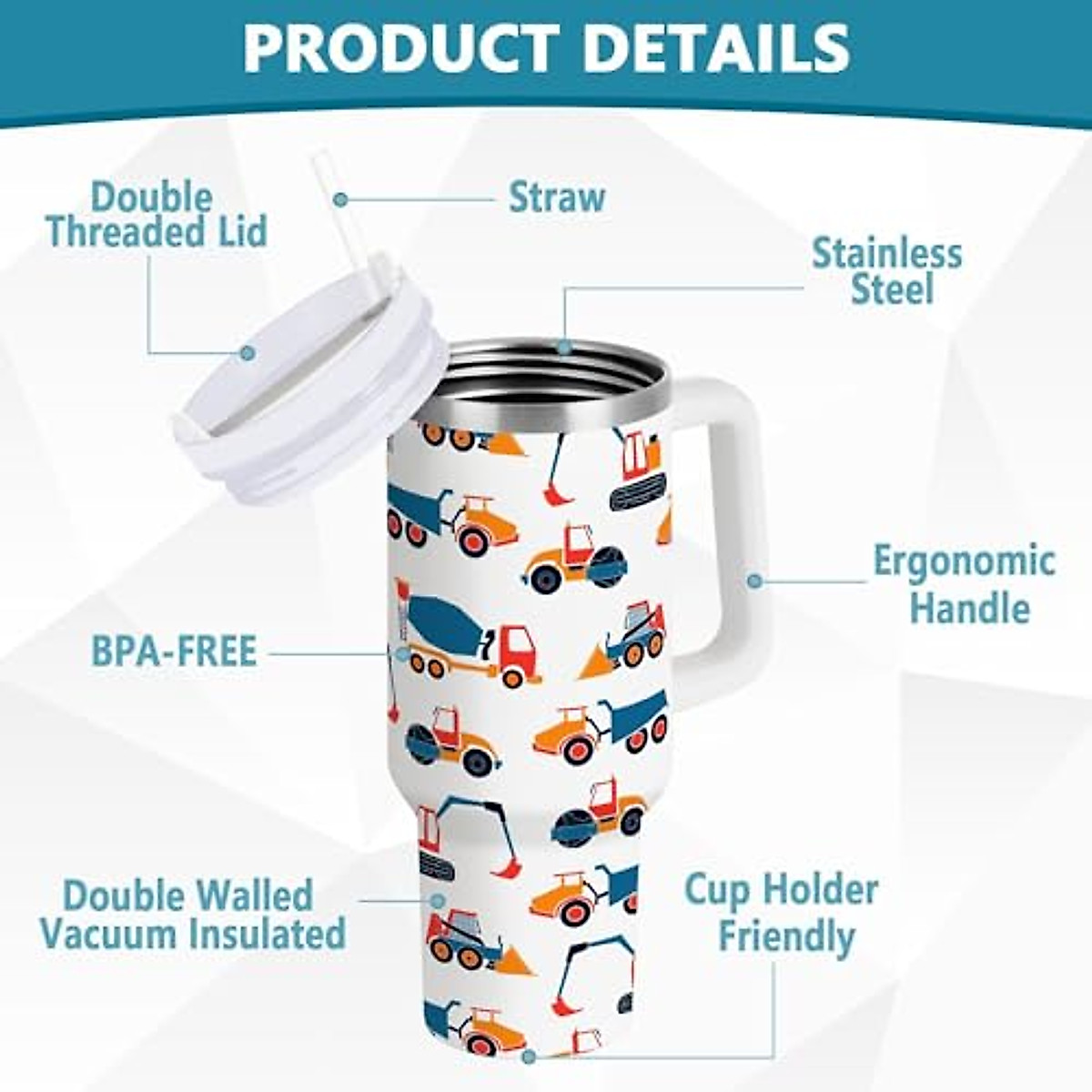ARGTILDN 40 oz Tumbler Bulldozer Excavator Crane Tractor Insulated Travel Mug with Handle and Straw Lid Stainless Steel Vacuum Coffee Cup Tea Beverage Container Water Bottles for Car Sports office