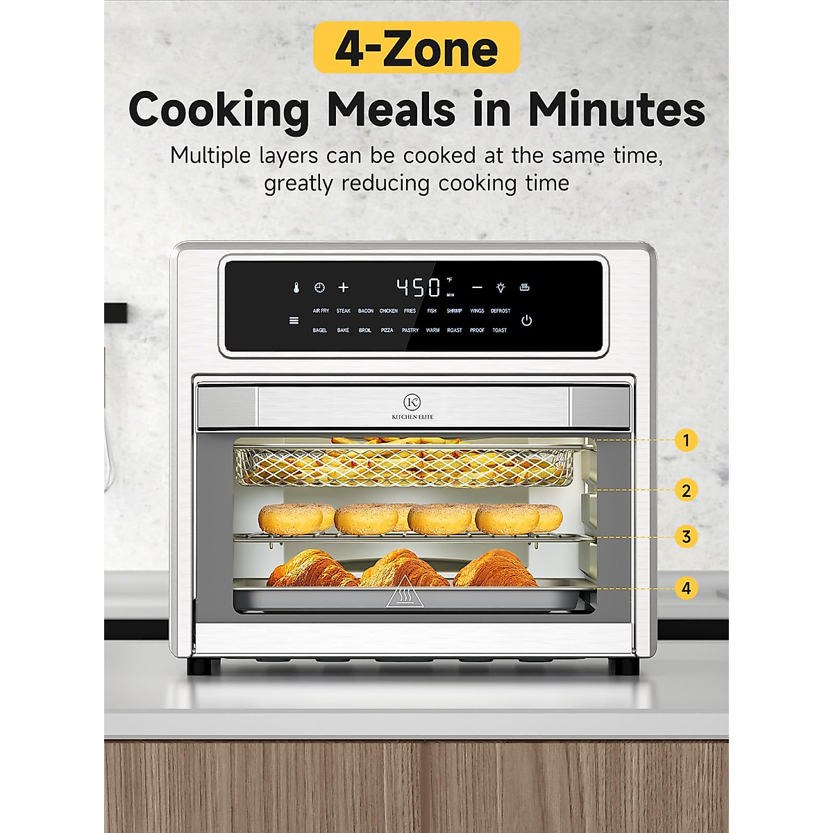 Kitchen Elite Air Fryer Toaster Oven Combo, 26.4 Qt Convection Oven Countertop, 18-in-1, Stainless Steel Large Airfryer, 4 Zone with Accessories, Digital Full Touch Screen, Easy to Clean