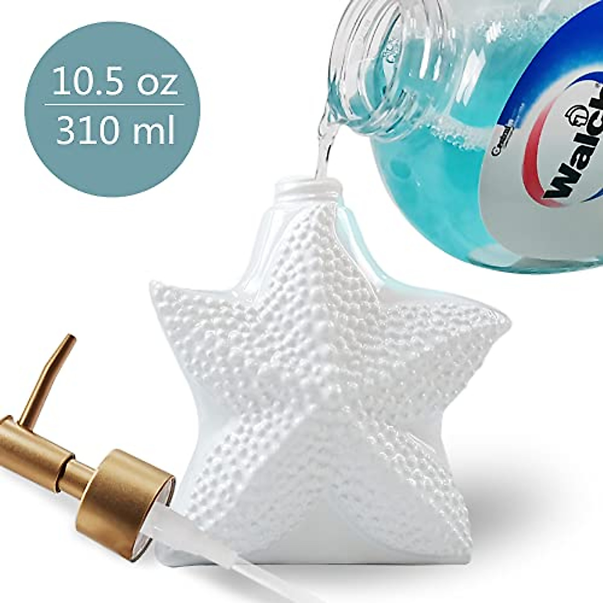 Starfish-Shaped Soap Dispenser, White Ceramic Lotion Bottle with Noble Golden Matte Pump, Ocean Themed Décor for Kitchen Sink or Bathroom