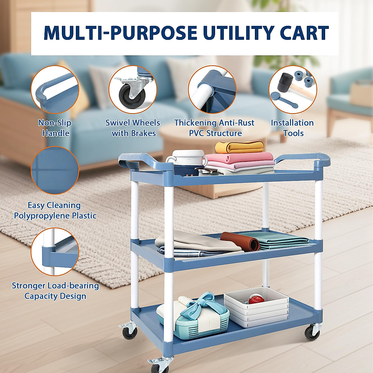 RAYOCON 3-Tier Large Plastic Service Utility Cart, Food-Service Rolling Cart with Wheels Heavy Duty Commercial Rolling for Restaurant,Household,Office (19.7" D x 39.4" W x 40.2" H)