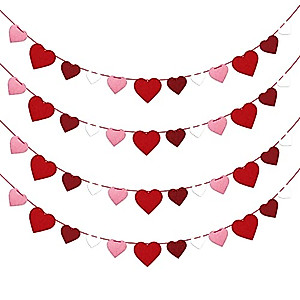 4Pcs Valentines Day Felt Heart Garland Banner- NO DIY- Valentines Decorations- Valentine's Day Party Decorations Supplies- Valentines Burgundy Pink Red White Heart Garlands for Home Fireplace Mantle