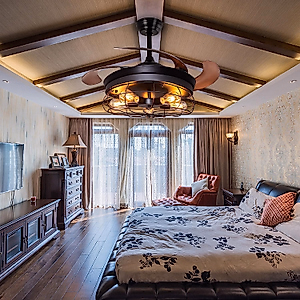 Ohniyou Retractable Blades Ceiling Fan with Lights and Remote, Rustic Industrial Ceiling Fan Ideal for Farmhouse, Patio, Kitchen, Bedroom, Living Room (42 Inches, Black)