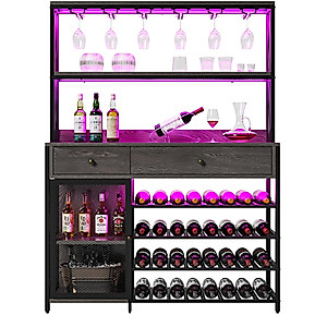 DWVO 47" Large Wine Rack Cabinet for Liquor & Glasses, Coffee Bar with LED Lights Door Shelves & Drawers, Modern Standing Bakers Rack Microwave Stand Kitchen Storage Shelf, Grey & Black