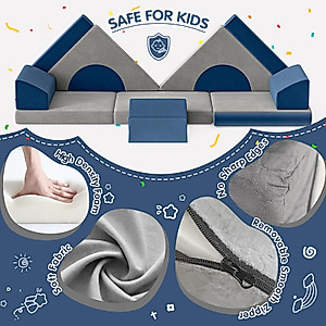 UMOMO 13 PCS Modular Kids Play Couch Building Fort, Floor Sofa Funiture for Playroom and Bedroom, Indoor Outdoor Playhouse Play Set for Kids, Toddlers, Blue & Gray