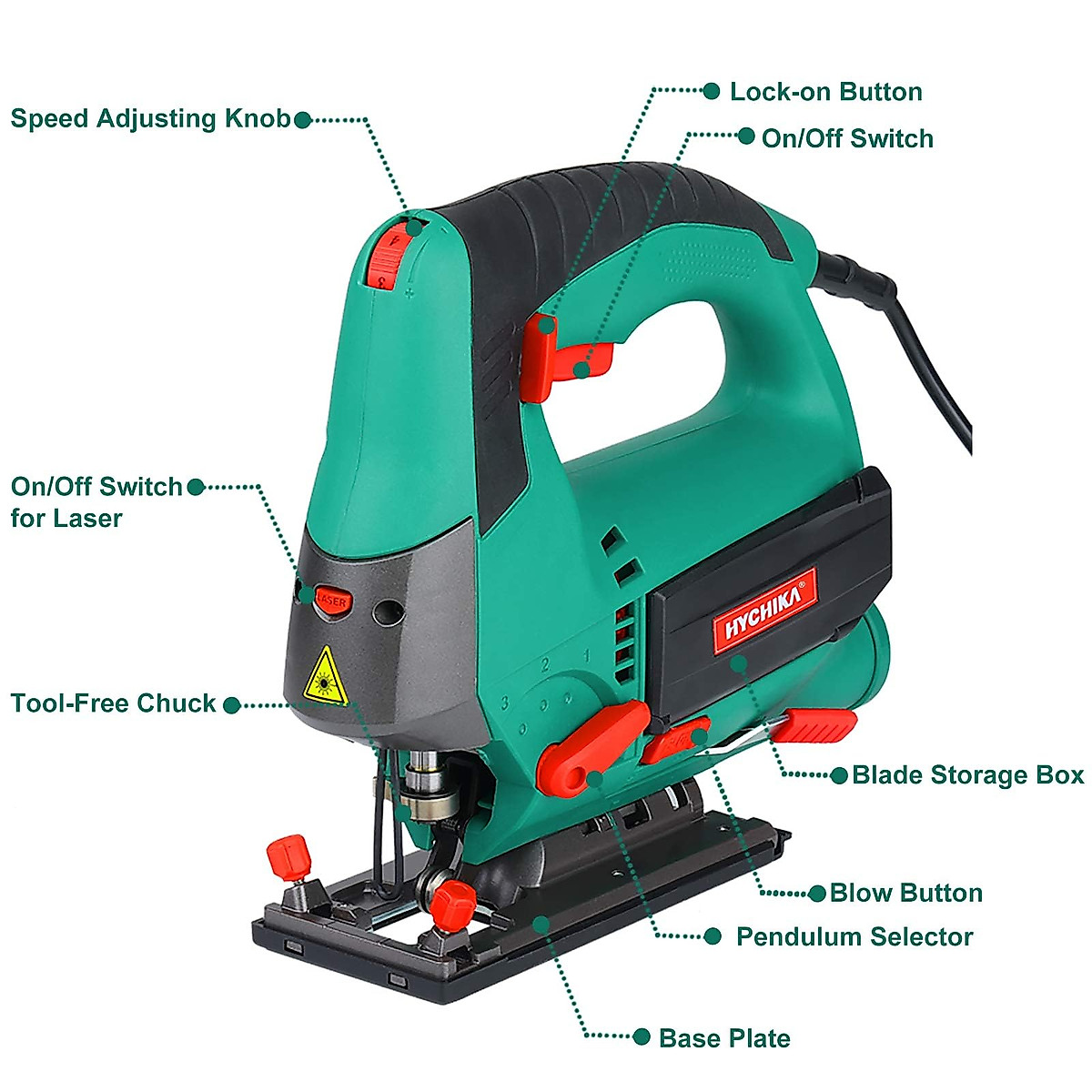 HYCHIKA Jig saw, 6.7A Jig Saw 800-3000SPM with 6 Variable Speeds, 4 Orbital Sets, Bevel Angle 45°, 6PCS Blades, Pure Copper Motor, Laser Guide, Wood Metal Plastic Cutting