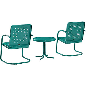 Crosley Furniture Bates 3-Piece Outdoor Chair and Side Table Set, Retro Metal Bistro Patio Conversation Sets, Turquoise Gloss