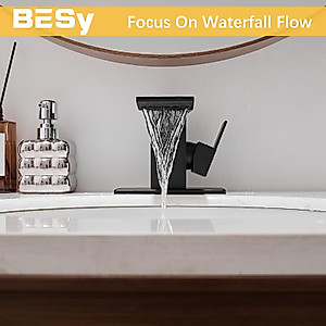 BESy Waterfall Matte Black Bathroom Faucet, Single Hole Or Three Hole Bathroom Sink Faucet with Pop Up Drain, with cUPC Supply Lines Single Handle Vanity Faucets, 6 Inch Deck Plate, Stainless Steel