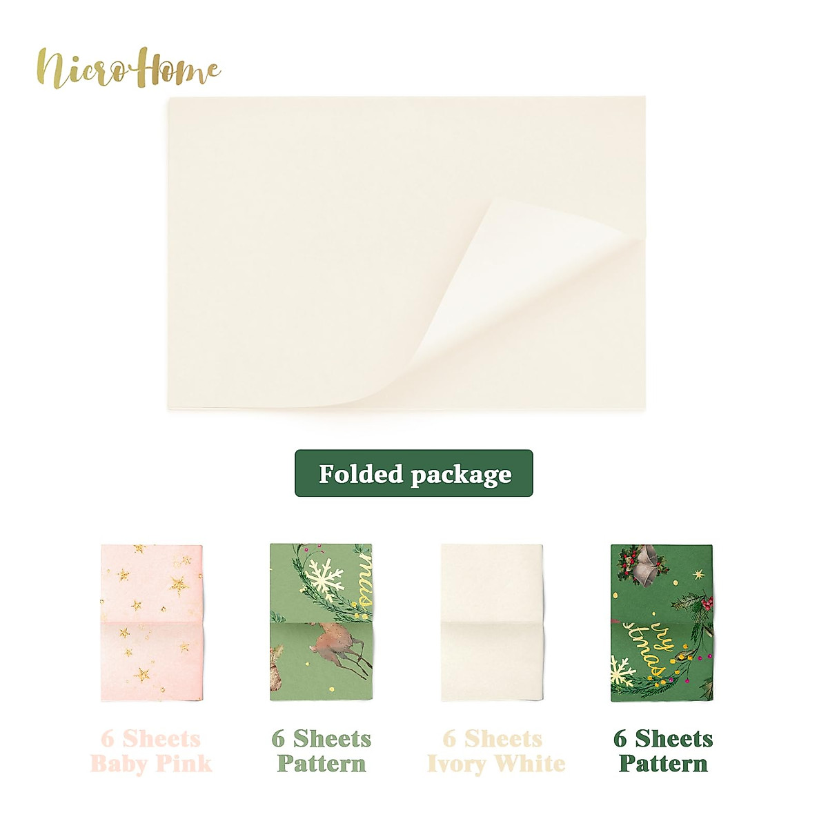 NICROHOME 24 Sheets Christmas Tissue Paper, Dark Green Pink Vintage Snowflake Wrapping Paper Set Bundle for Holiday Christmas Gift Bags Wrapping (20 x 15Inch)