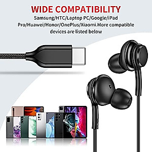 HoneyAKE USB Type C Headphones for Galaxy S21 S20 FE S22 Ultra Wired Earphones Earbuds Stereo in-Ear Noise Canceling Headset Earphone with Microphone for iPad Samsung Note 20 OnePlus 9 Pixel 6, Black