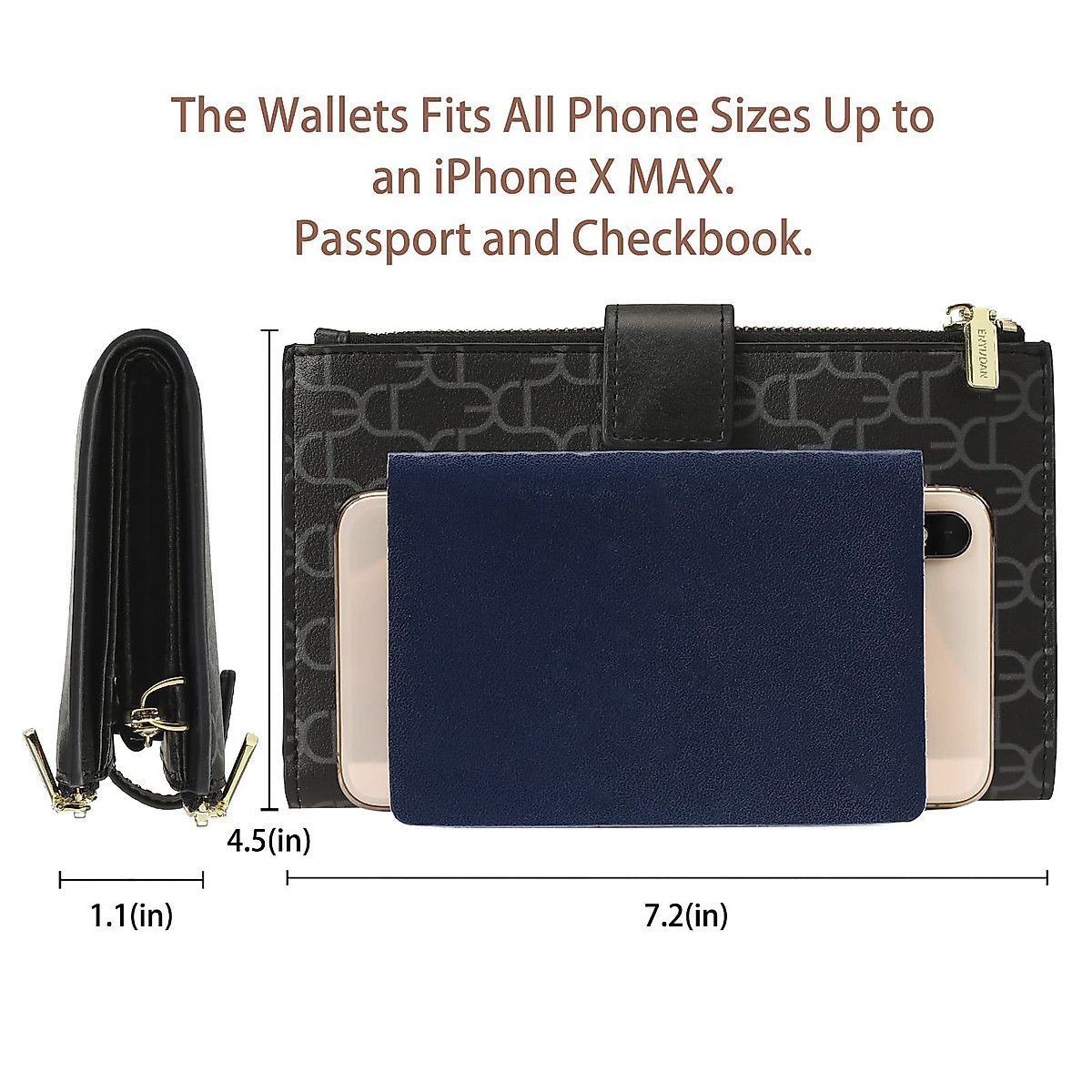 ENYISDAN Women Wristlet Clutch Wallet Long RFID Blocking Leather Wallet Multi Card Zipper Wallet with Credit Card Case Zipper Pocket Holder (black background/gray and white letters)