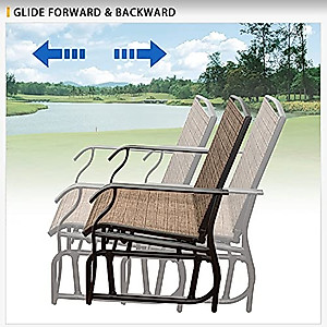 3 in 1 Outdoor Glider Chairs with Table, 1.65" Umbrella Hole Mesh Fabric Patio Loveseat Double Glider Rocker Chair and Center Tempered Glass Table for Garden, Poolside, Balcony