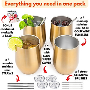 LoadedSpoon Stainless Steel Wine Tumbler with Lid and Straw 4 pack, Gold Wine Glasses, Wine Tumbler Set, Unbreakable Wine Glasses, Stemless Wine Glasses Set of 4, Wine Tumblers, Wine Glass Tumbler