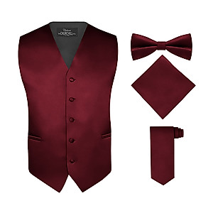 S.H. Churchill & Co. Men's 4 Piece Vest Set, with Bow Tie, Neck Tie & Pocket Hankie - Burgundy, XL